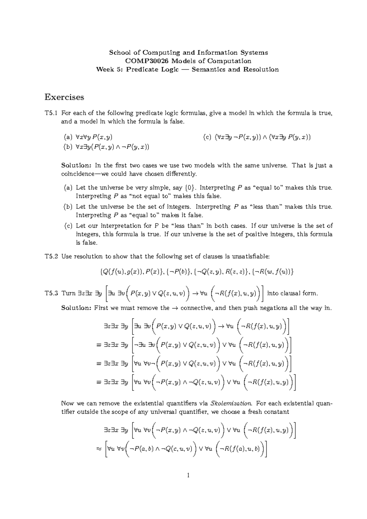 COMP30026 Models of Computation Week 5: Predicate Logic Exercises Solutions - Studocu