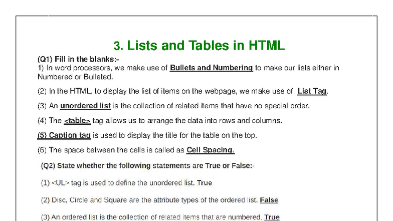 3. HTML Lists and Tables Overview (Q1) - Studocu