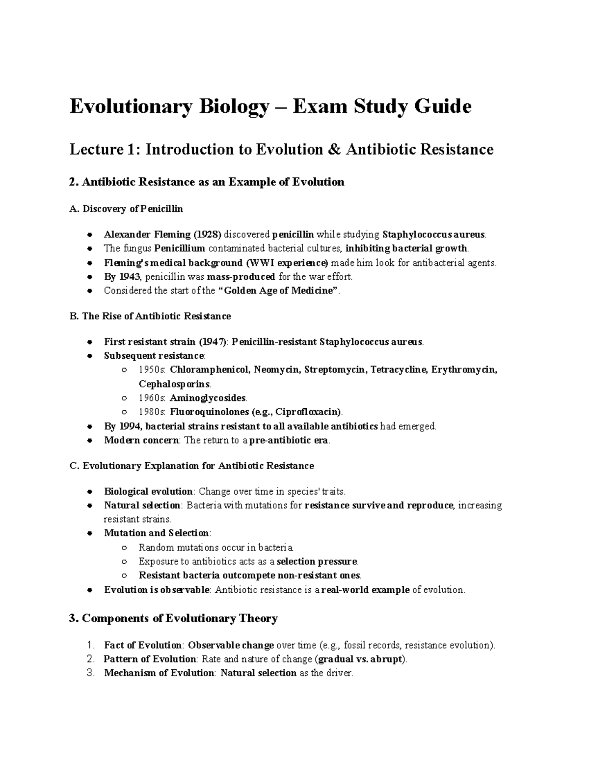 Evolutionary Biology Exam Study Guide: Key Concepts from Lectures 1-6 ...