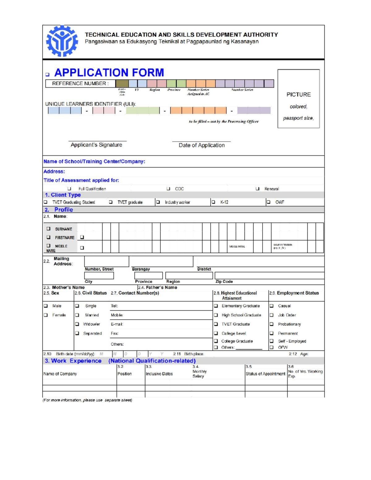 TESDA Application Form for Skills Development - Jayjay - Studocu