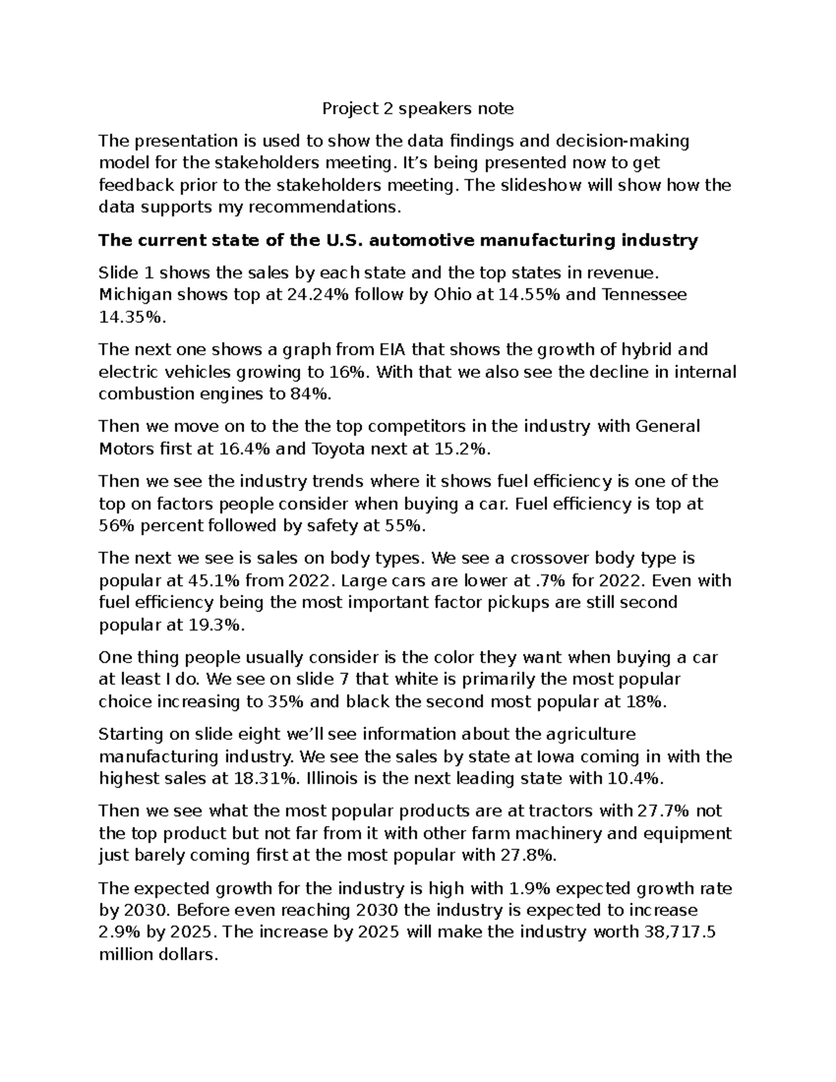 Project 2: Speaker Notes for Stakeholder Meeting Presentation - Studocu