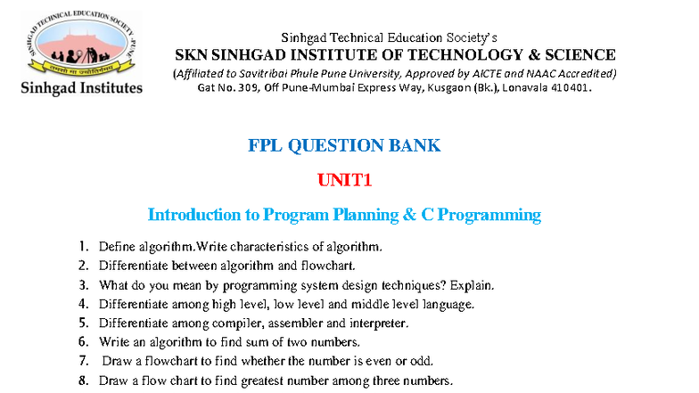 FPL C Programming Question Bank - Unit 1 to Unit 5 - Studocu