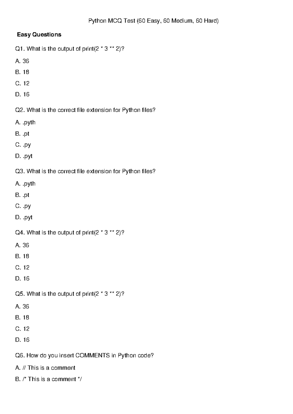 Python MCQ Test (180 Questions: 60 Easy, 60 Medium, 60 Hard) - Studocu
