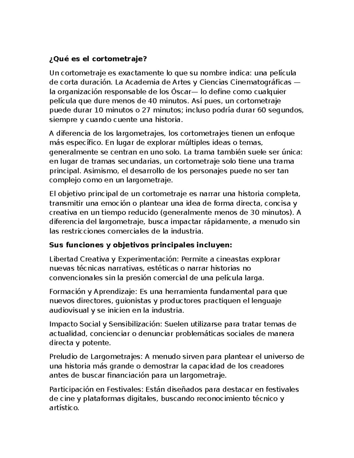 Características y Funciones del Cortometraje en el Cine - Studocu