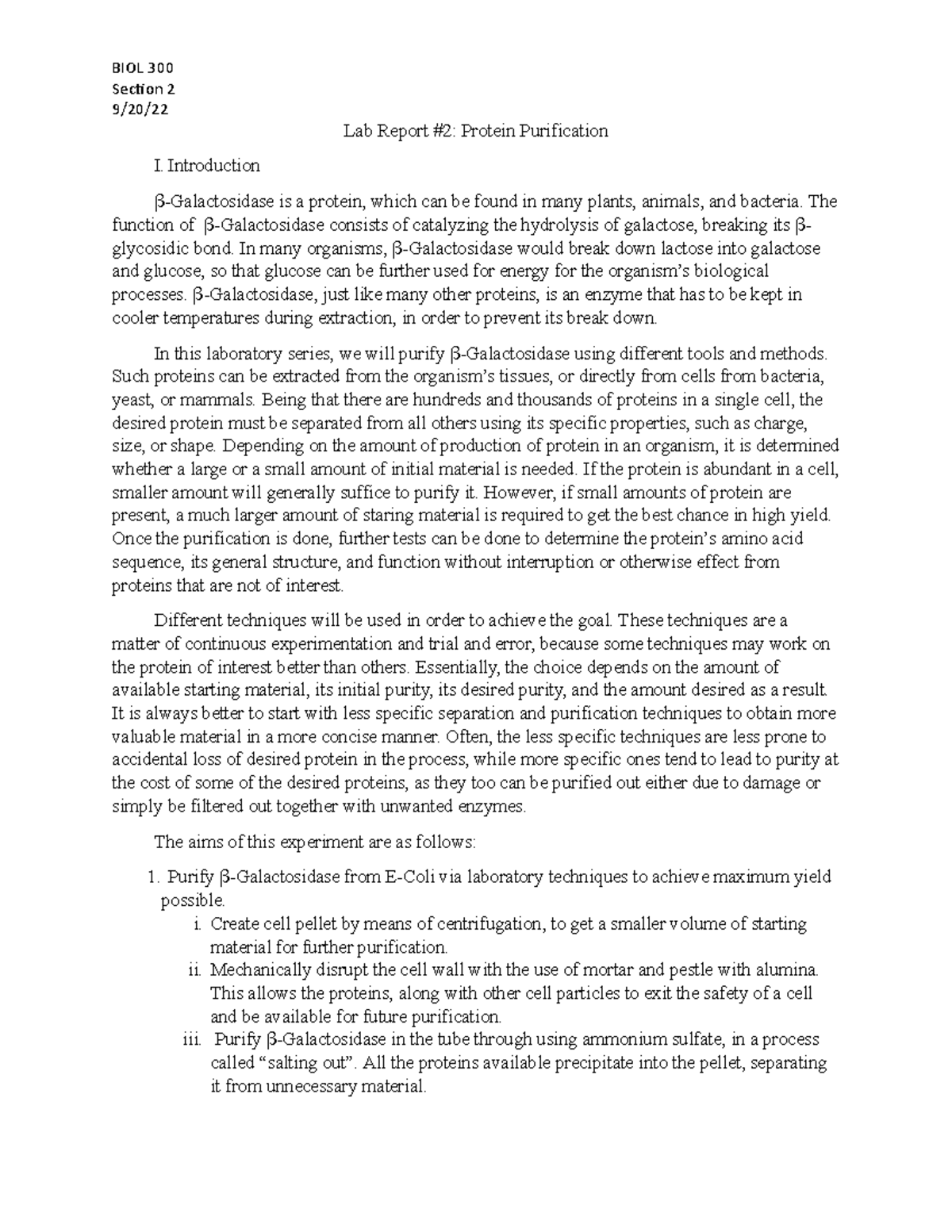 Lab Report 2 - Section 2 9/20/ Lab Report #2: Protein Purification I ...