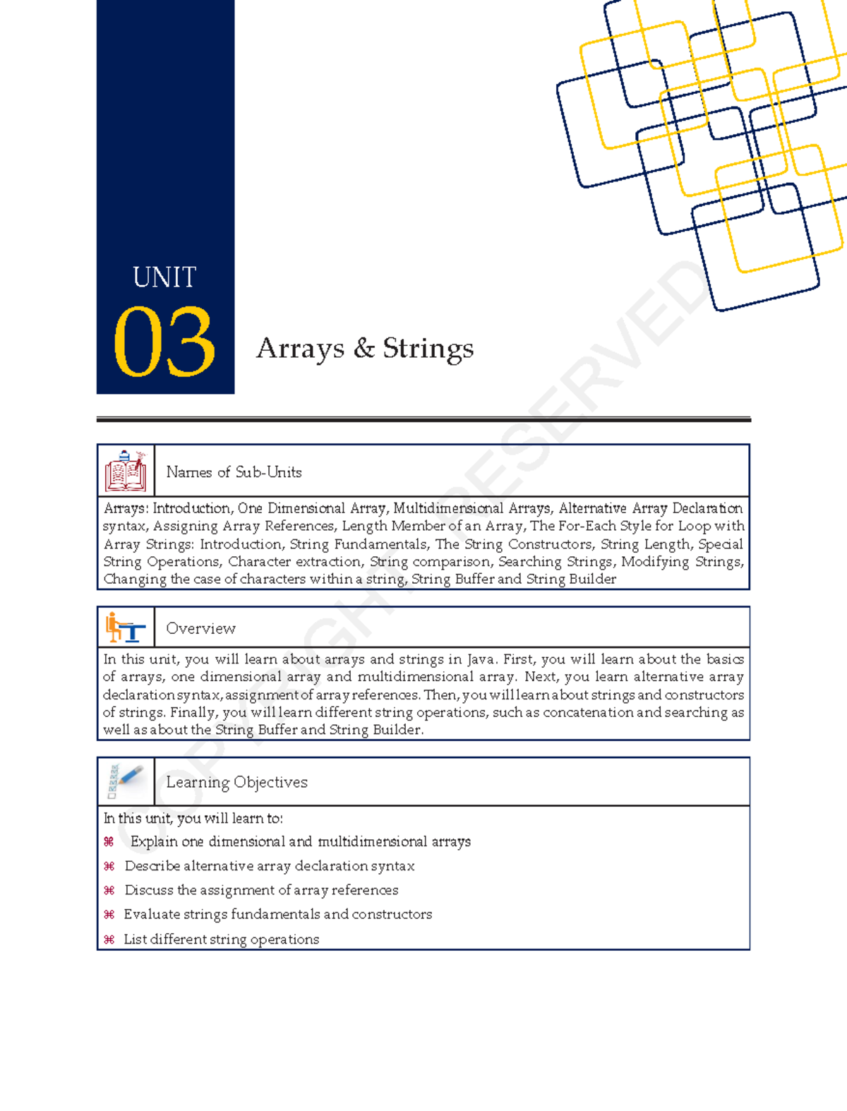 MCA Java Programming 03 - Arrays & Strings Names of Sub-Units Arrays ...
