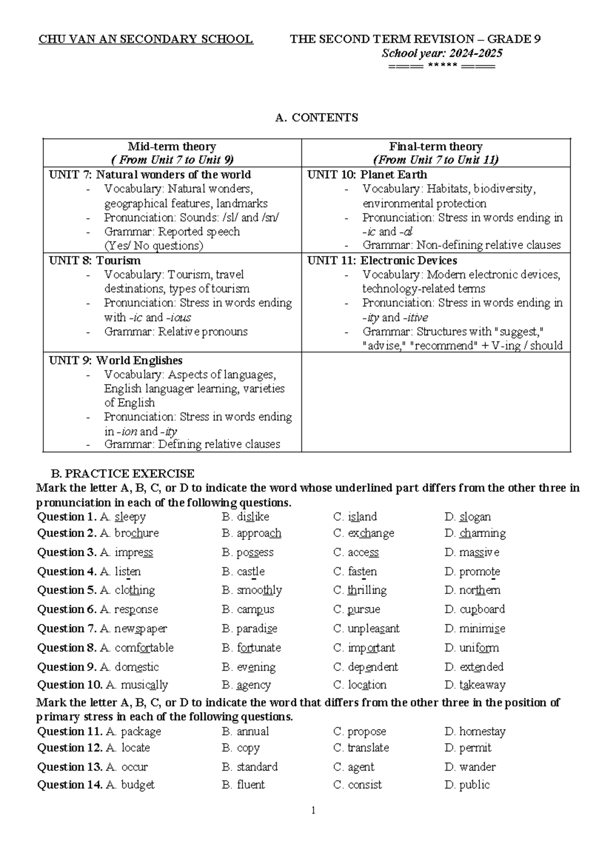 K9 - Grade 9 Midterm Revision Guide: Units 7 to 11 Overview - Studocu