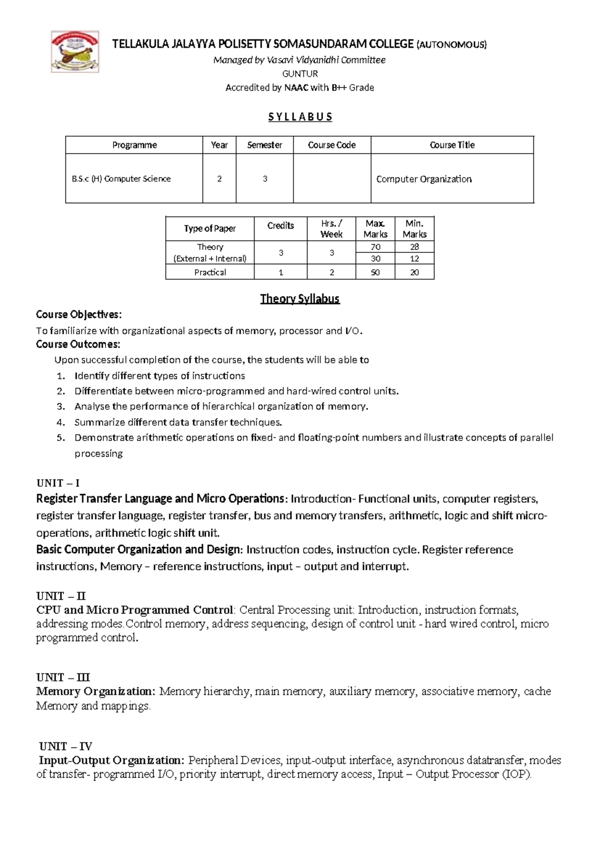 B.Sc. (H) Computer Science - Computer Organization Syllabus 2025-2026 ...