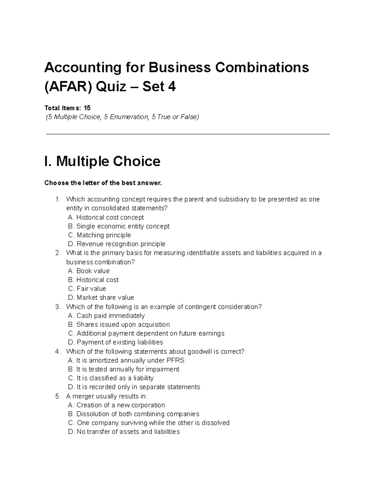 AFAR - Quiz Set 4: Business Combinations & Goodwill Concepts - Studocu