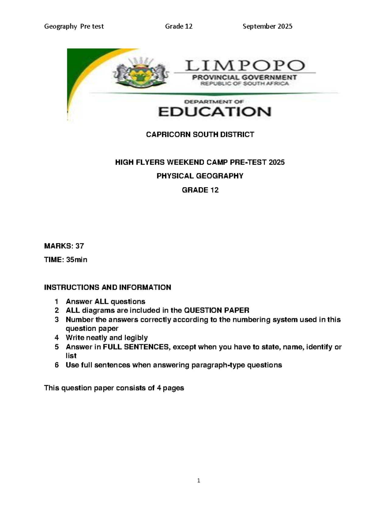 Geography Pre-Test Grade 12: Climate, Weather & Geomorphology 2025 ...