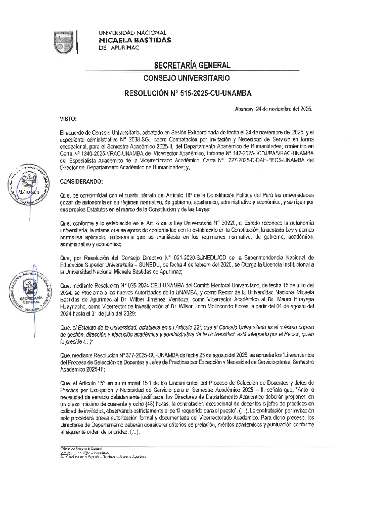 Resolución Nº 515-2025-CU: Contratación de Docentes por Necesidad ...