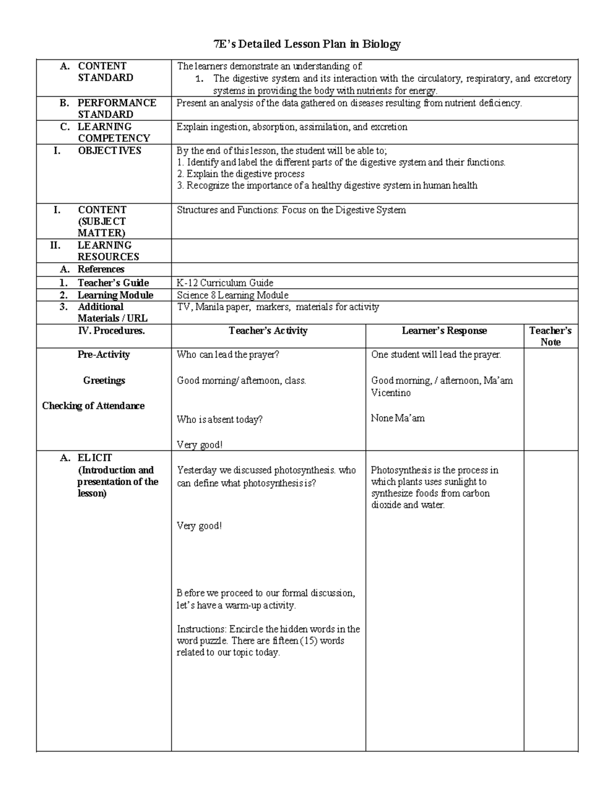 DIGESTIVE SYSTEM LESSON PLAN (SCI 8) - STRUCTURE & FUNCTIONS - Studocu