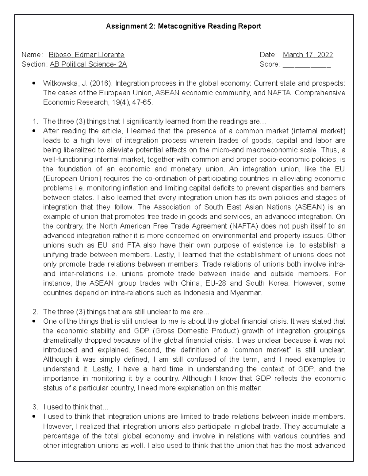 Metacognative Reading Report) - Assignment 2: Metacognitive Reading Report Name: Biboso, Edmar ...