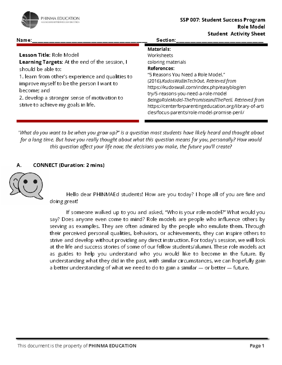 SSP007 Lesson on Role Models: Activity Sheet and Insights - Studocu