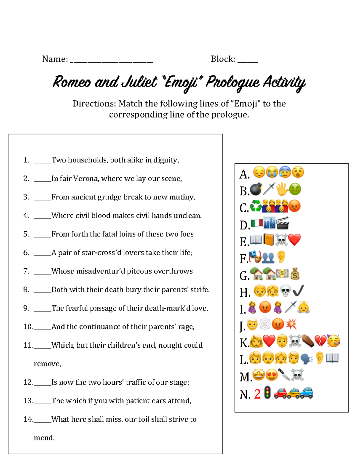 Romeo and Juliet (ENG 101) Emoji Prologue Matching Activity - Studocu