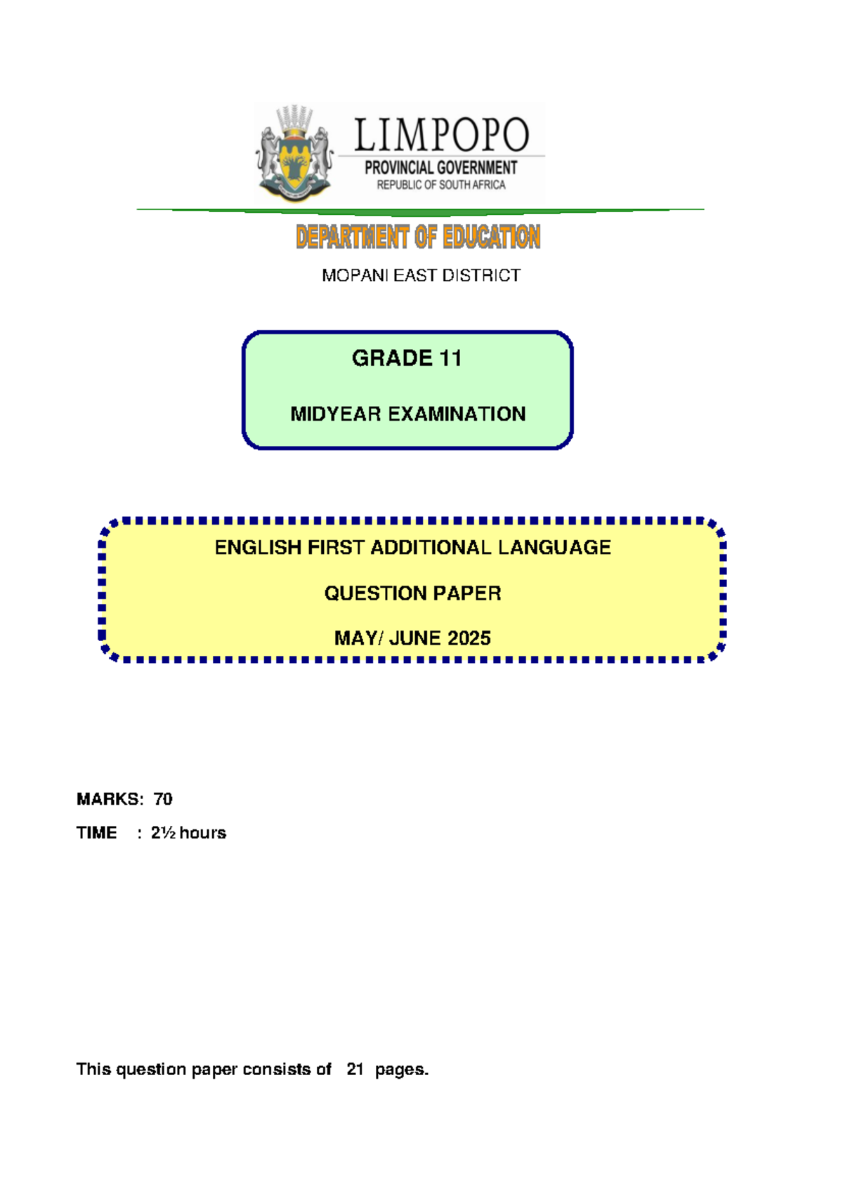 Engfa Grade 11 Midyear Exam English First Additional Language QP 2025 ...