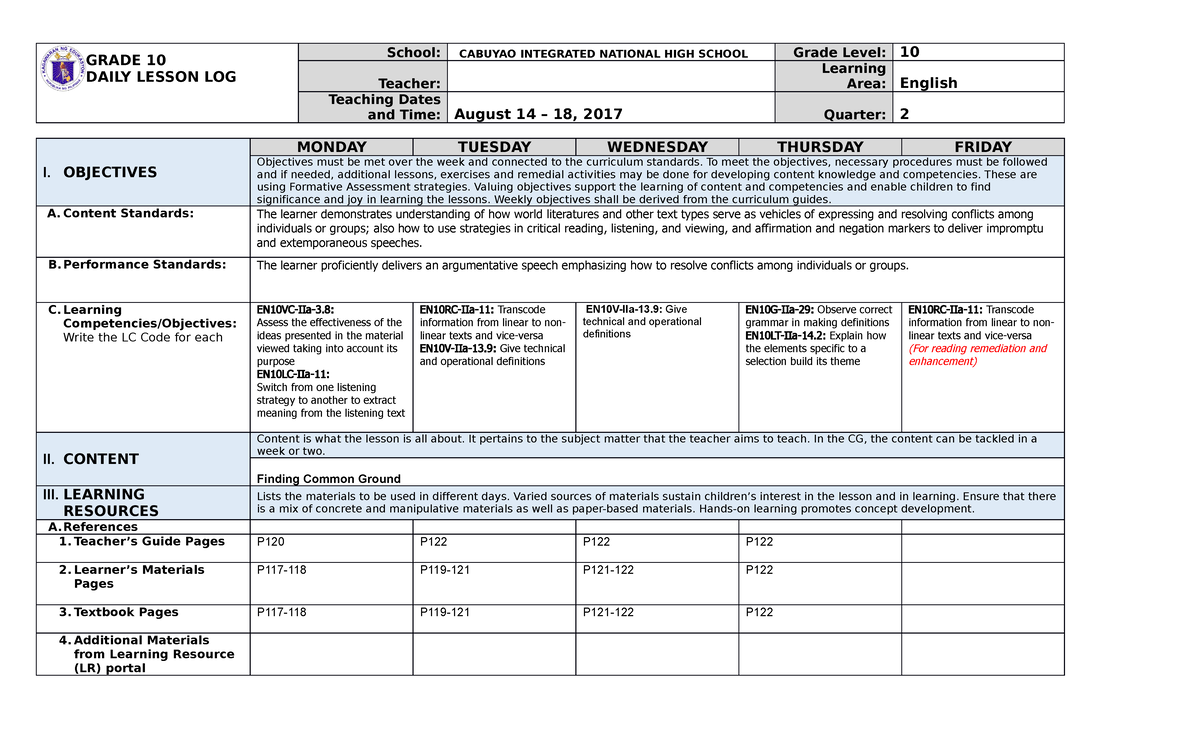 English 10 DLL quarter - lesson logs - GRADE 10 DAILY LESSON LOG School ...