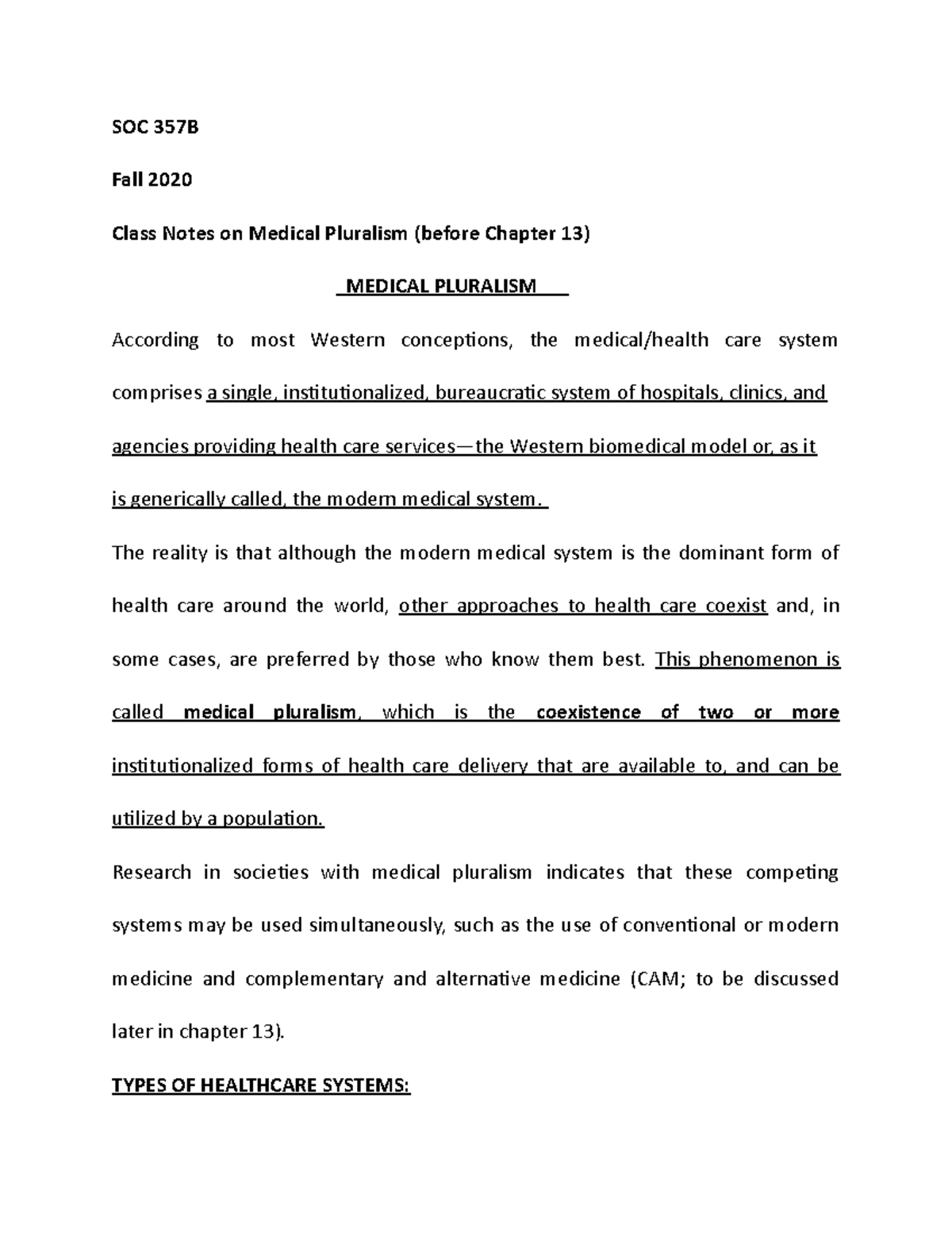 SOC 357B Fall 2020 Lecture Notes on Medical Pluralism - Studocu