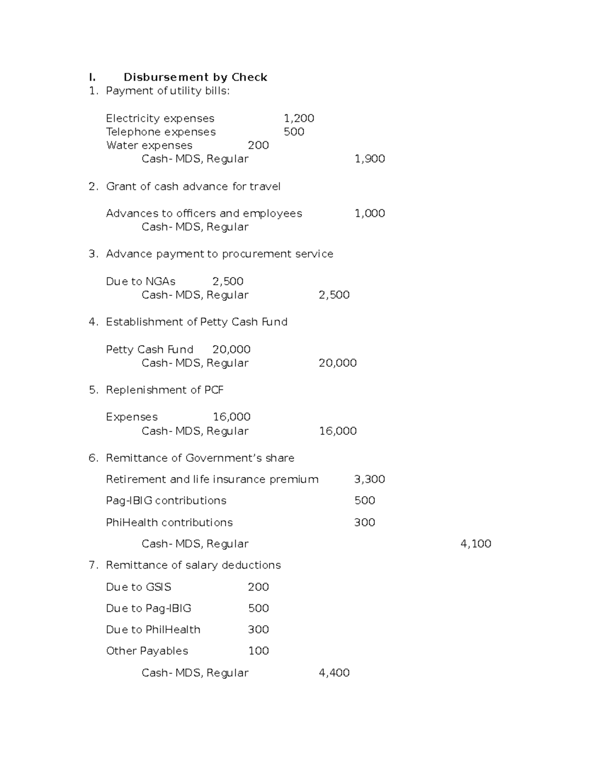 Govacc-Review Journal Entries - I. Disbursement by Check Payment of ...
