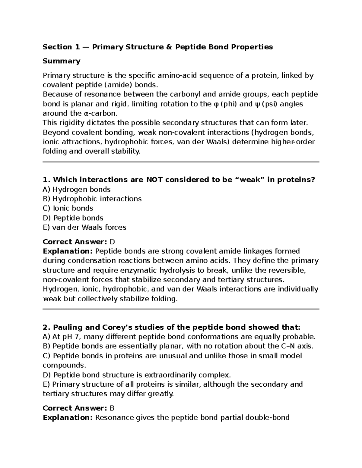Biochem 202: Test 2 Practice Questions on Protein Structure and Folding ...