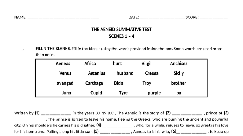 AENEID SUMMATIVE TEST: SCENES 1-8 FILL IN THE BLANKS (LIT101) - Studocu