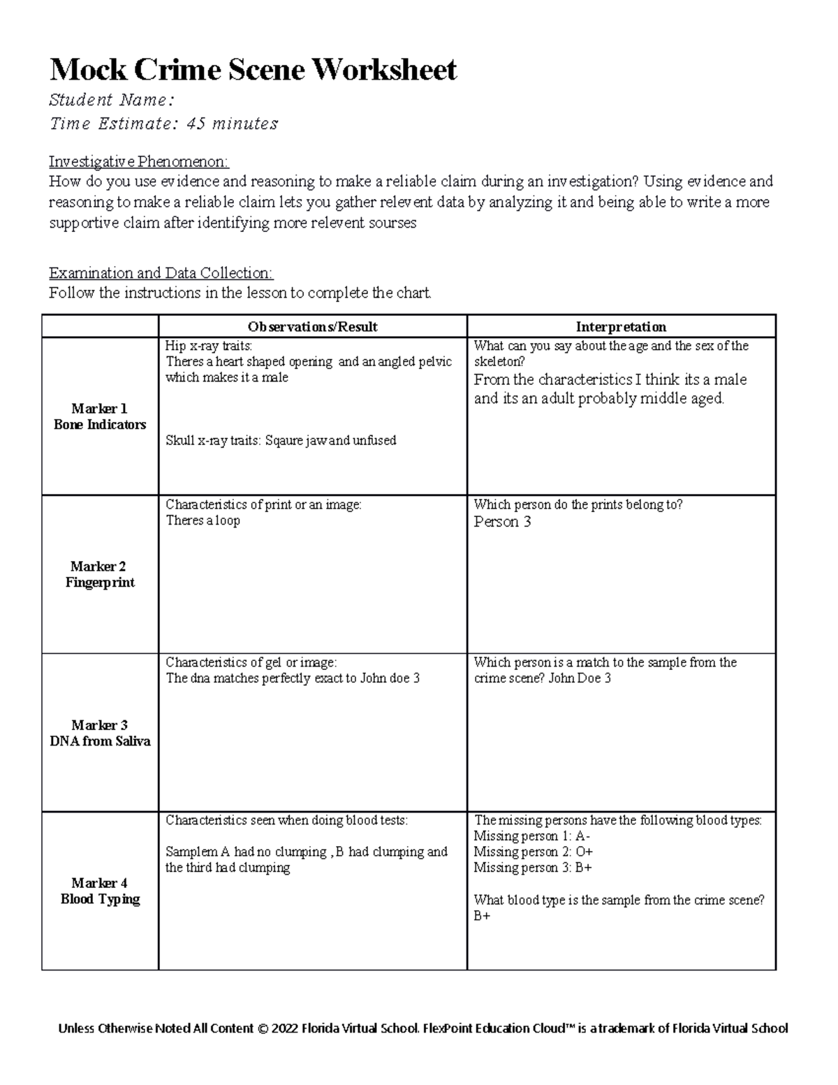 Mock Crime Scene Investigation Worksheet - Forensic Analysis Guide ...