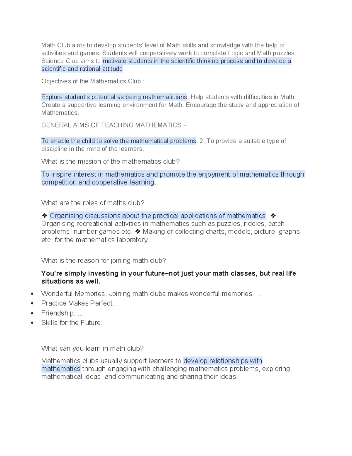 Math Club aims to develop students - Students will cooperatively work ...