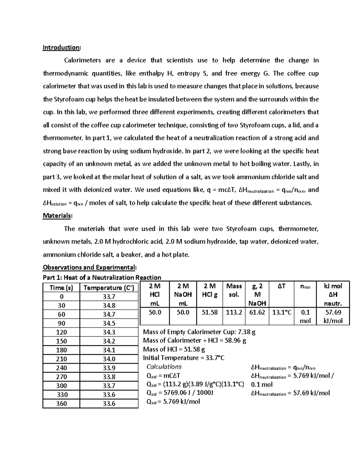 Acid Base Titration - Chemistry 1210 Lab report containing an abstract ...