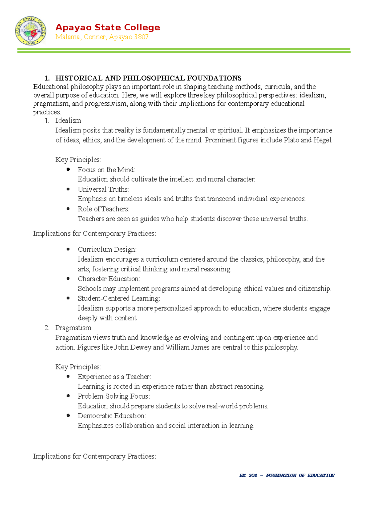 EM 2O1 Foundation of Education: Historical & Philosophical Perspectives ...