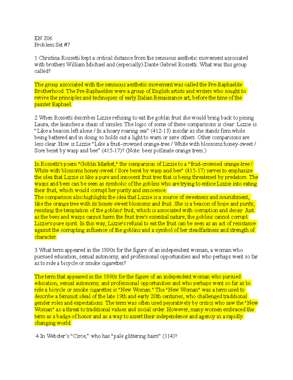 Problem Set 7 Review for EN 206: Rossetti and the New Woman - Studocu