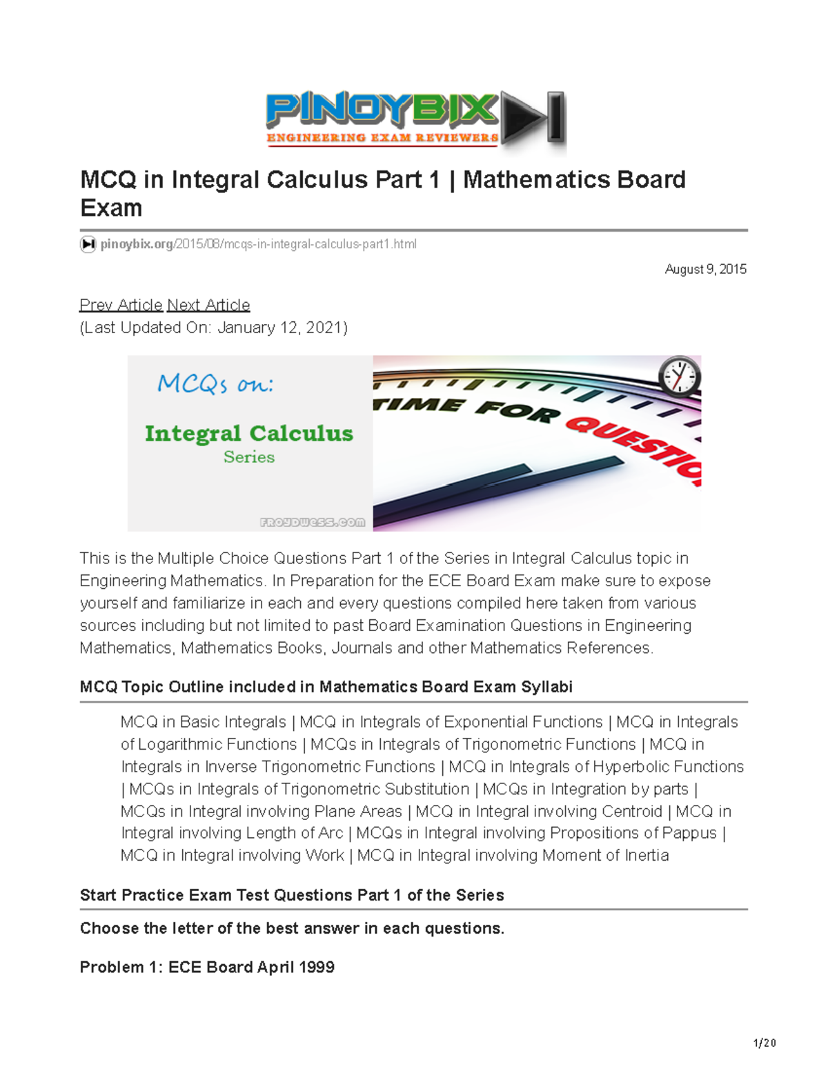 ECE 101: MCQs in Integral Calculus Part 1 for Board Exam Prep - Studocu