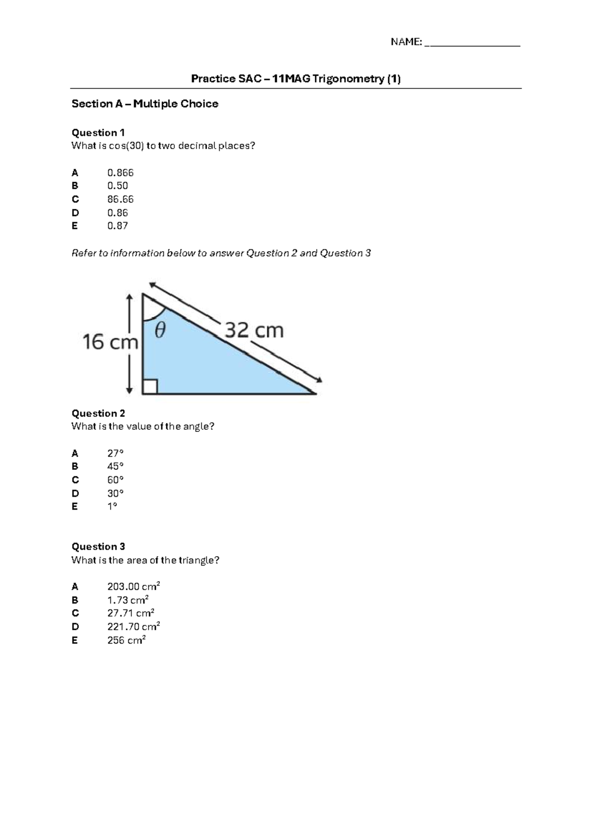 SAC 11MAG Trigonometry Practice: MCQs & Short Answers Guide - Studocu