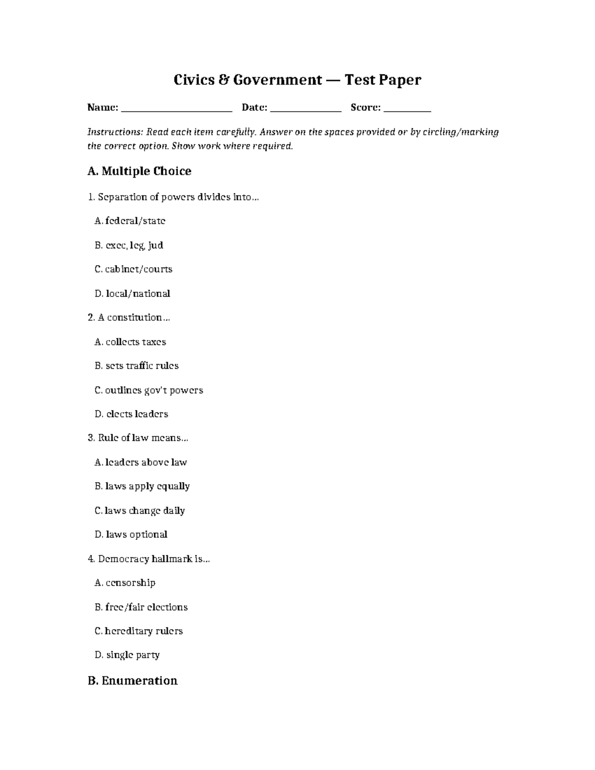 Civics & Government Test Paper: Key Concepts & Questions - Studocu