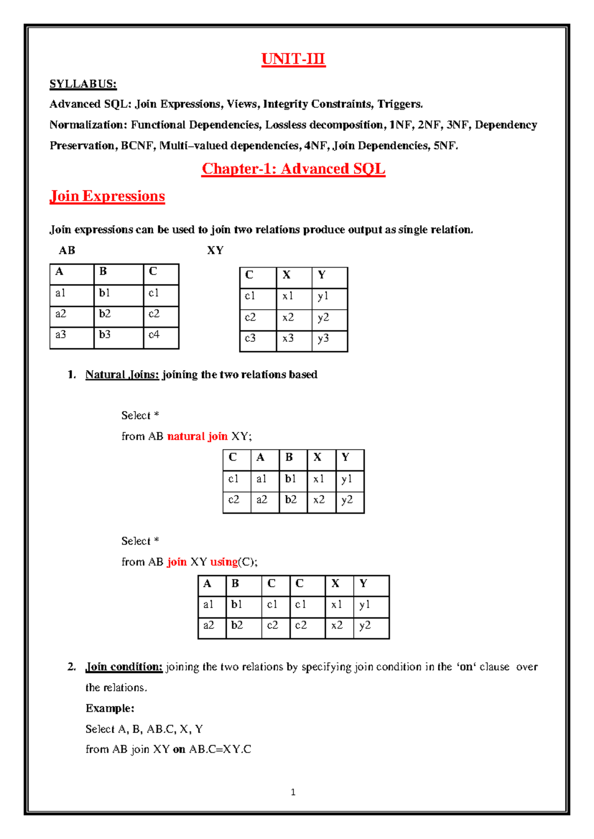 GNR-18 DBMS UNIT-3: Advanced SQL & Normalization Concepts - Studocu