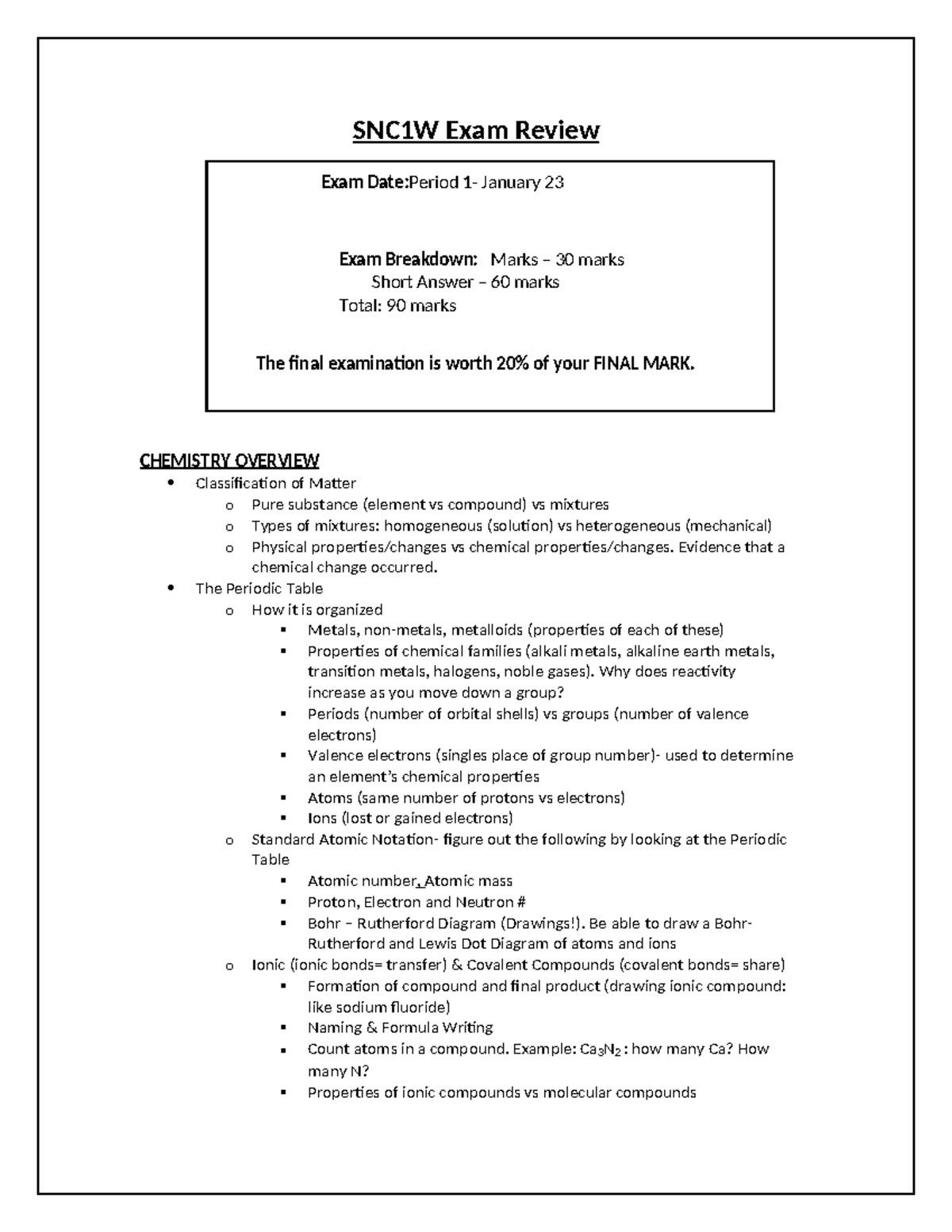 SNC1W Final Exam Review: Chemistry, Electricity & Ecology Overview ...