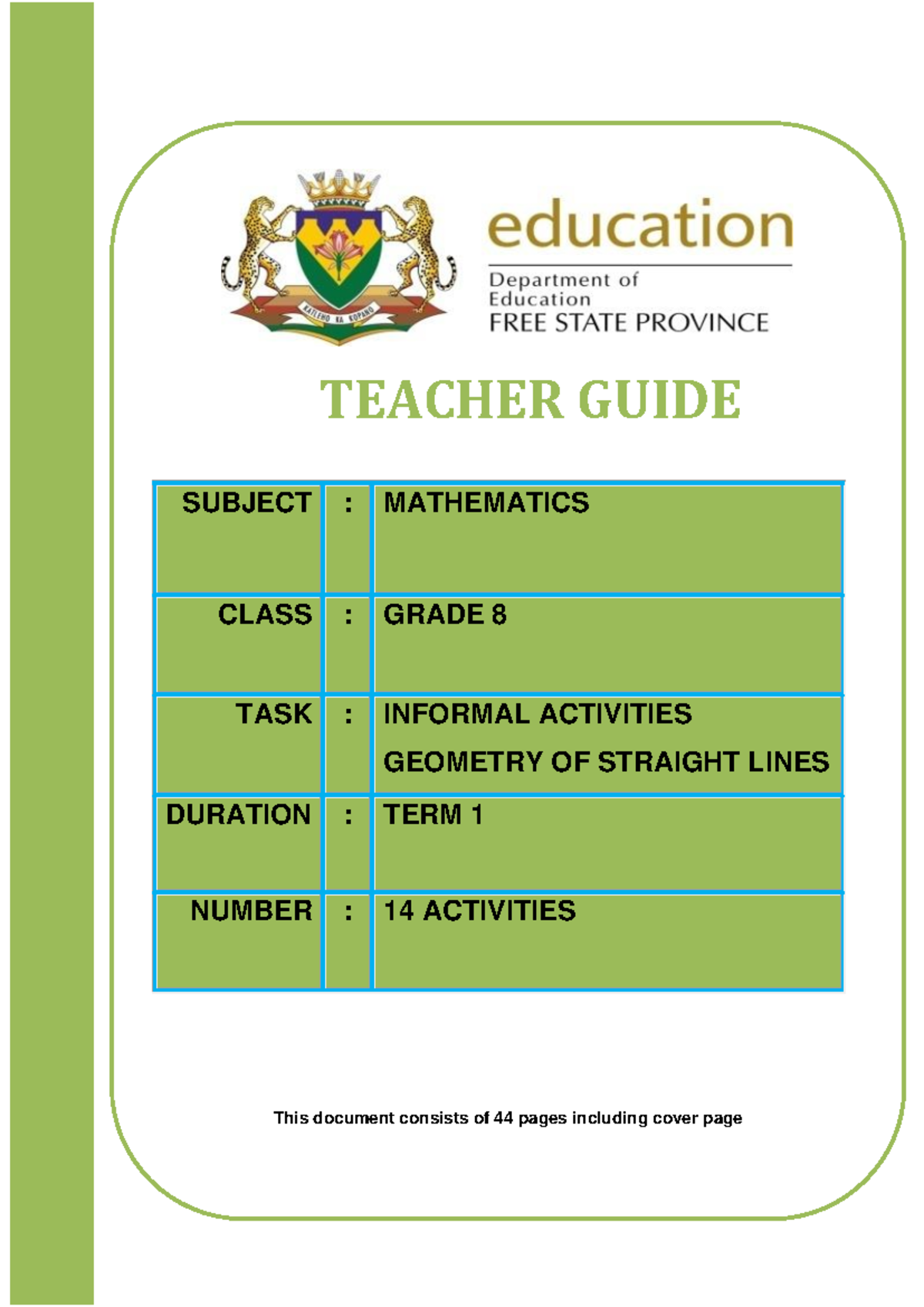 Grade 8 Maths Informal Activities: Geometry of Straight Lines Guide ...