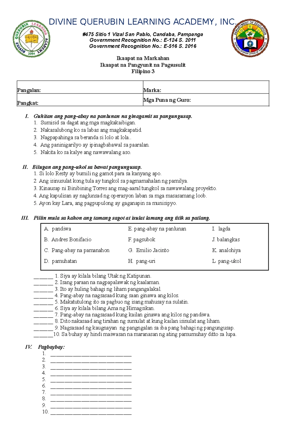 DQLA First Grading Period Project Template for English & Math - Studocu