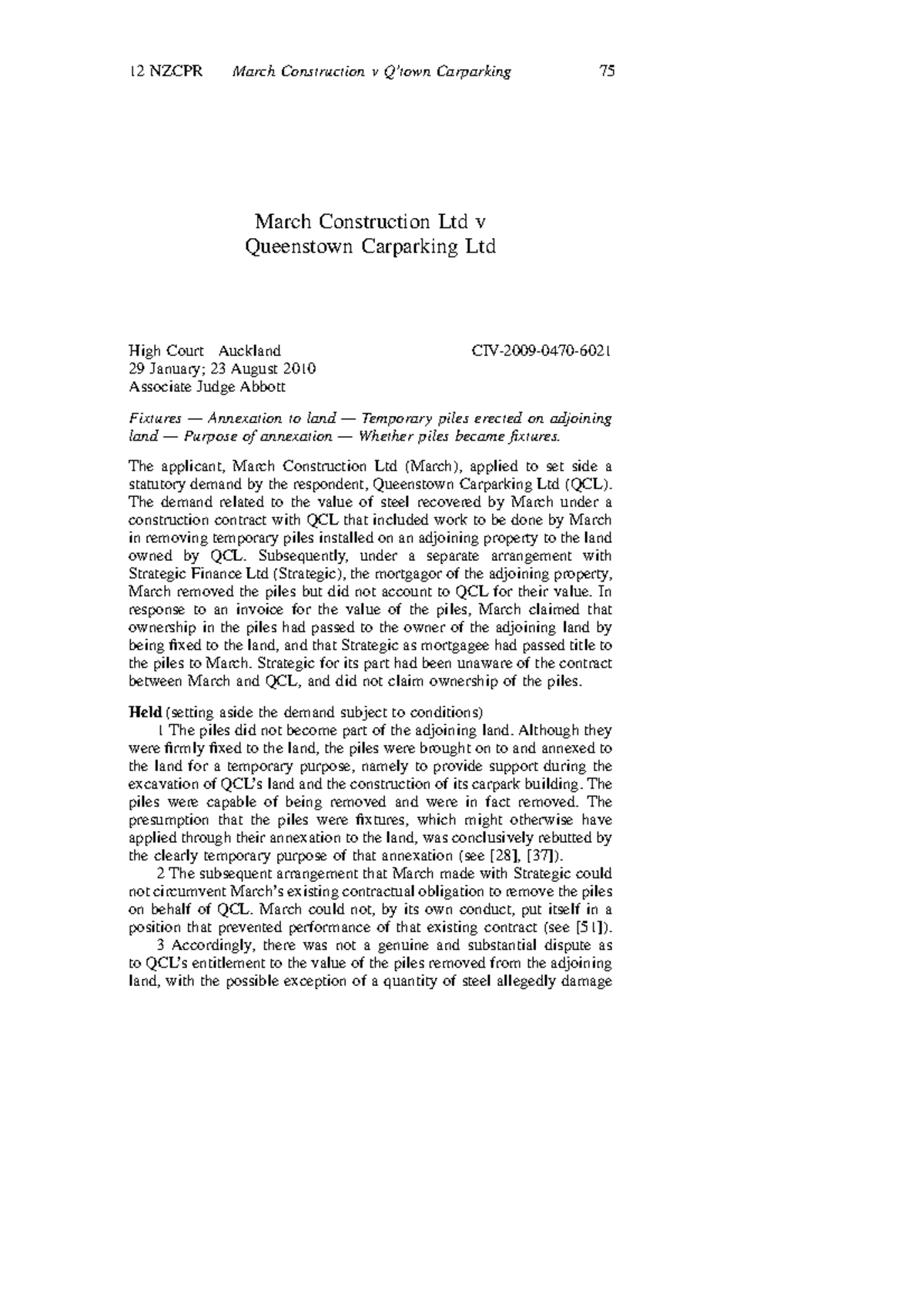 High Court Case Analysis: 12 NZCPR March Construction Ltd v QCL ...
