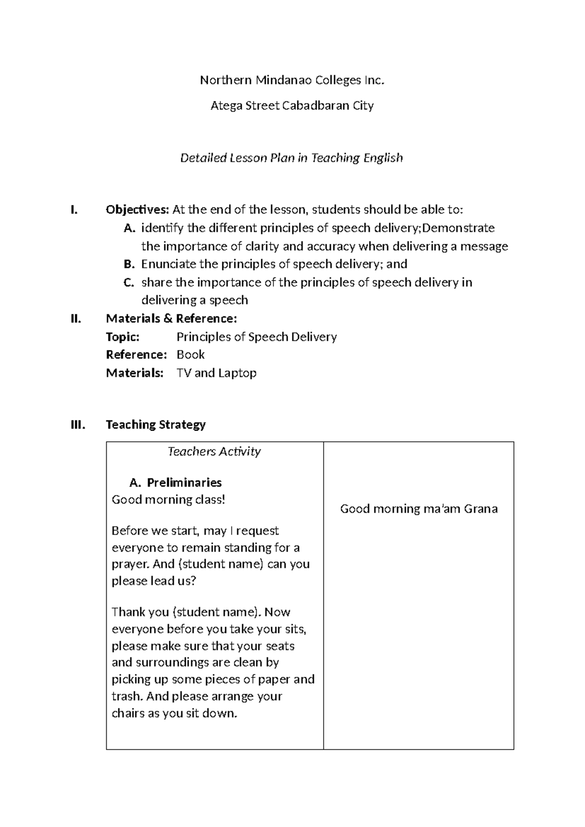 Detailed Lesson Plan: Principles of Speech Delivery (ENG I) - Studocu
