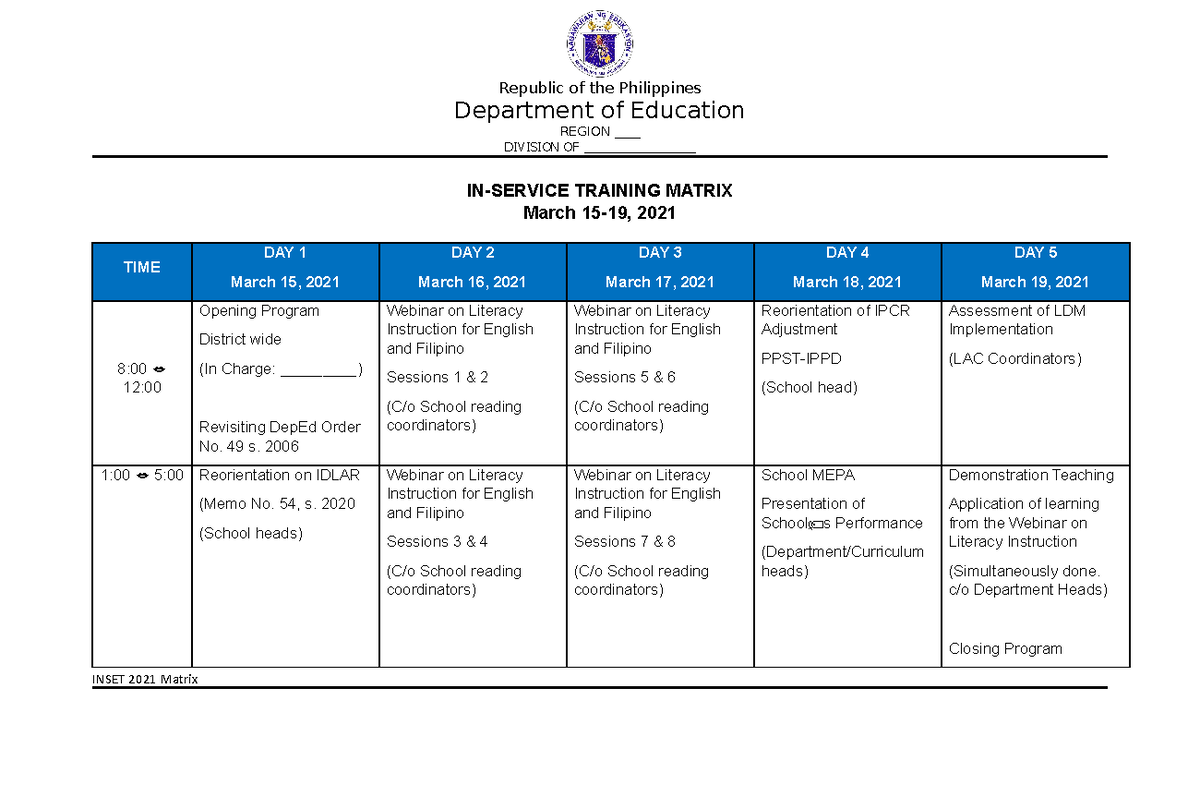 INSET 2021 Training Matrix: Activities & Expected Outputs - Studocu