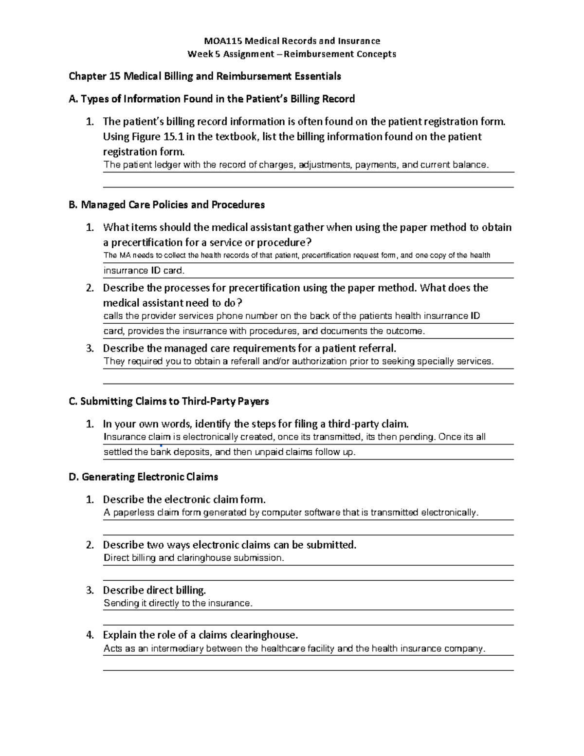 MOA115 Week 5 Assignment: Reimbursement Concepts & CMS-1500 Form - Studocu