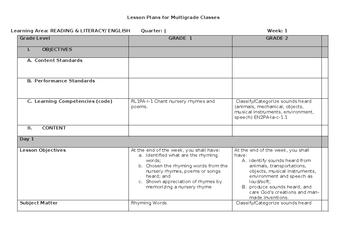 Multigrade Lesson Plan: Reading & Literacy for Grades 1 & 2 - Studocu