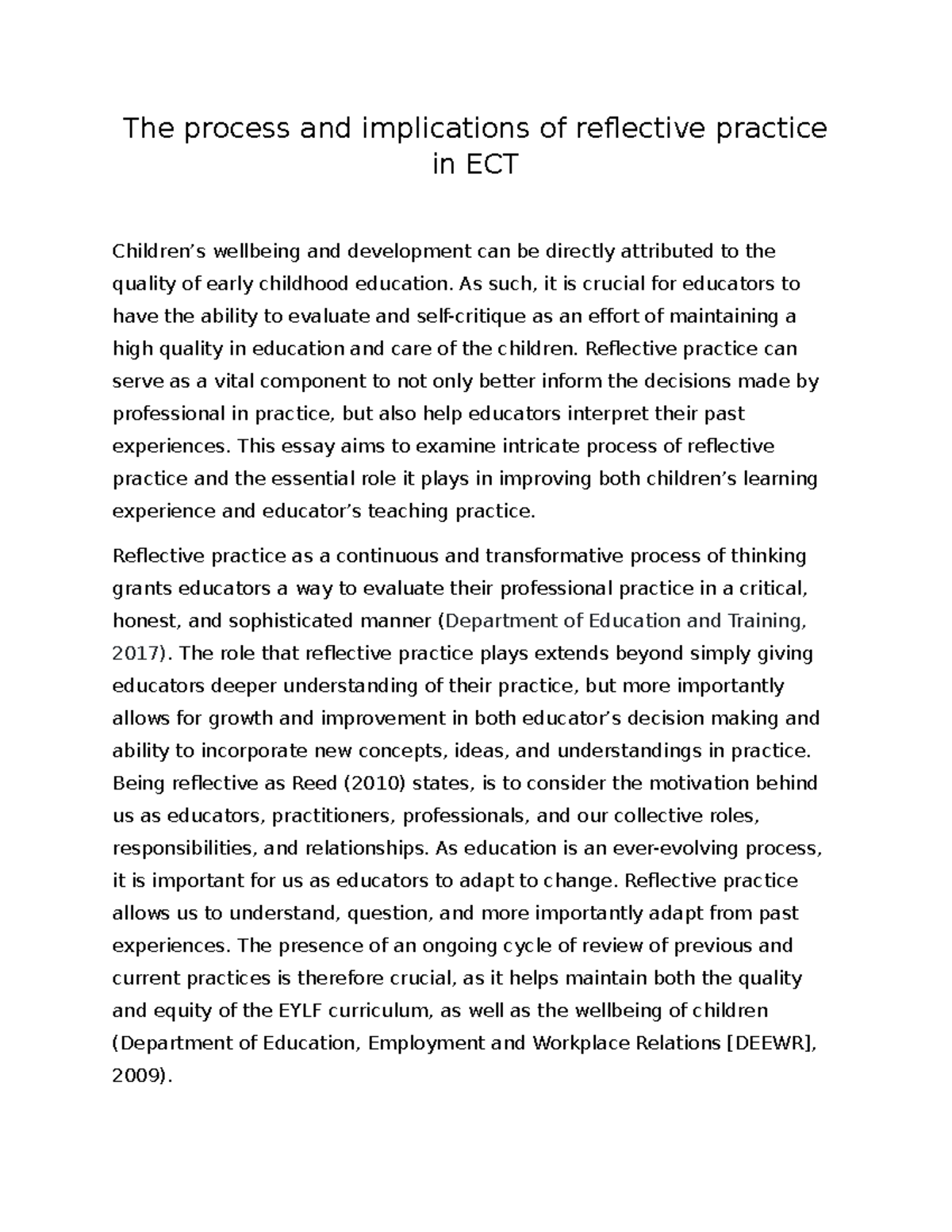 Reflective Practice Analysis in Early Childhood Curriculum (ECT 204 ...