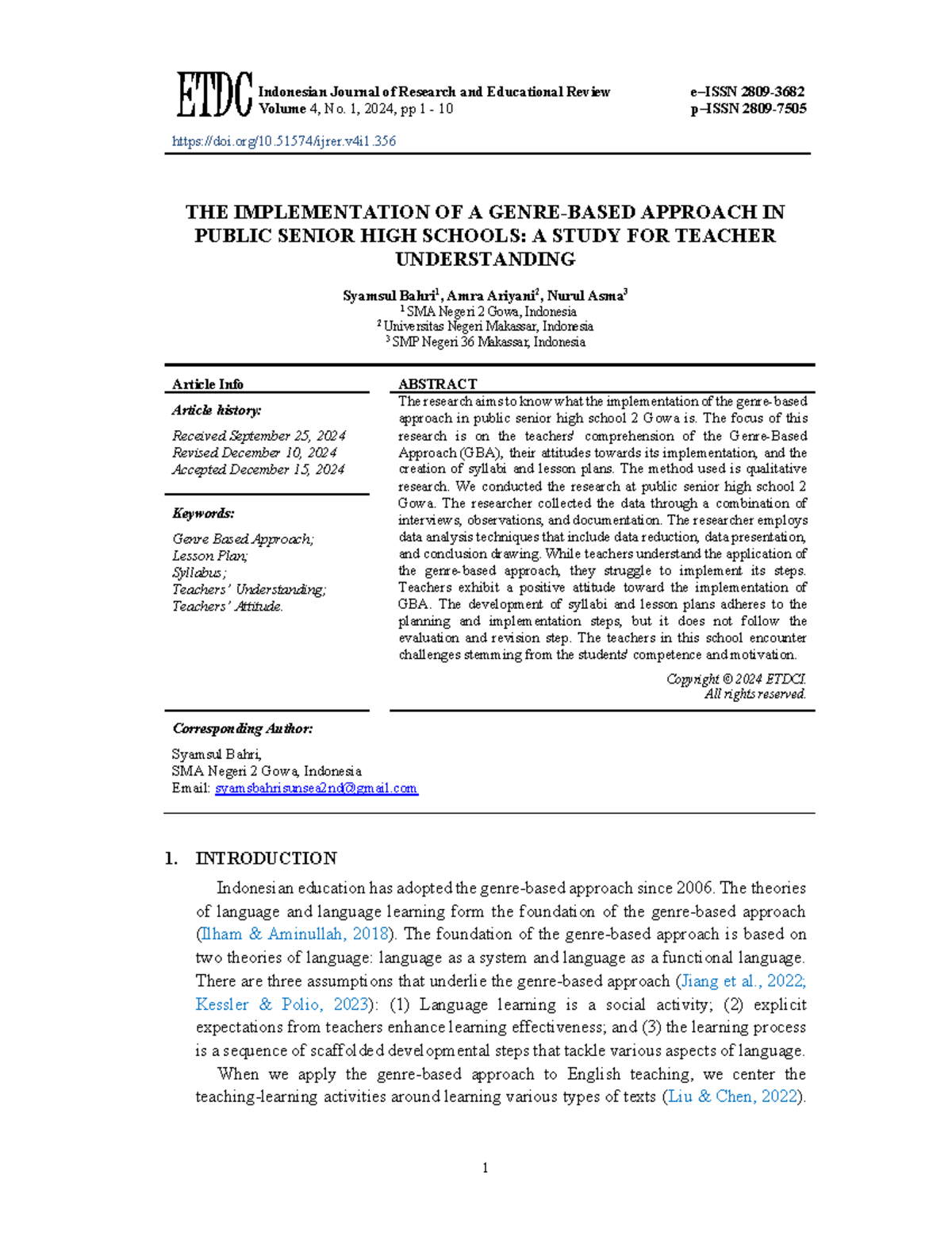 Implementation of Genre-Based Approach in Public High Schools: A Study ...