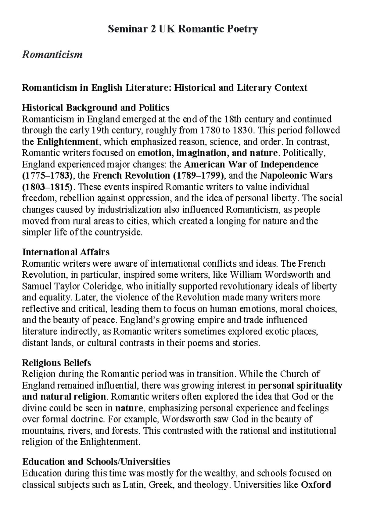 Seminar 2: Exploring UK Romantic Poetry and Its Historical Context ...