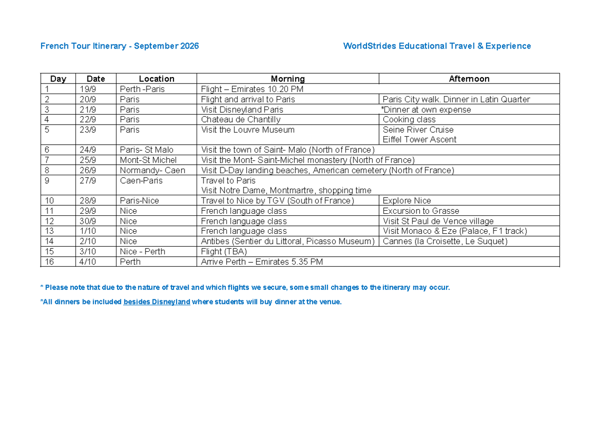 French Tour 2026 Itinerary: A Detailed Travel Plan - Studocu
