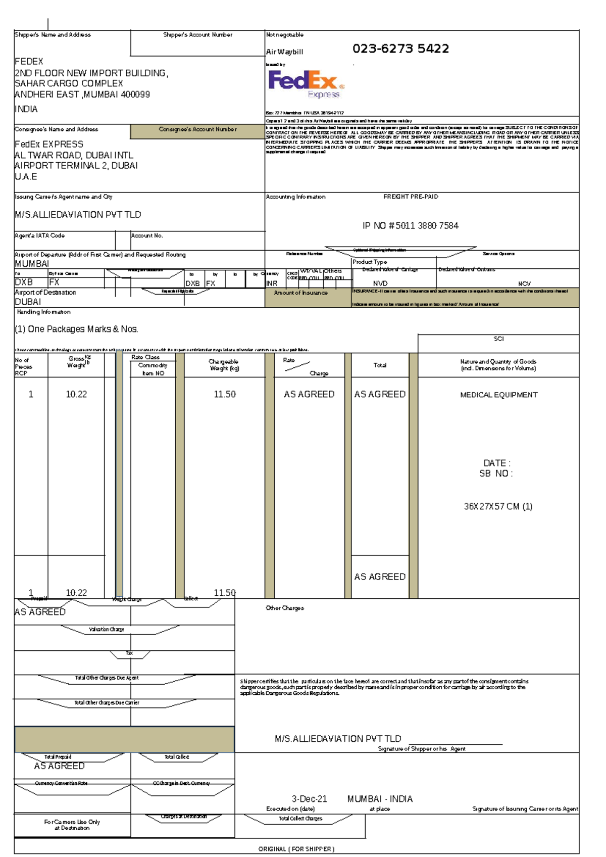 Master Air Waybill (AWB) 883800548 - FedEx Shipping Details - Studocu
