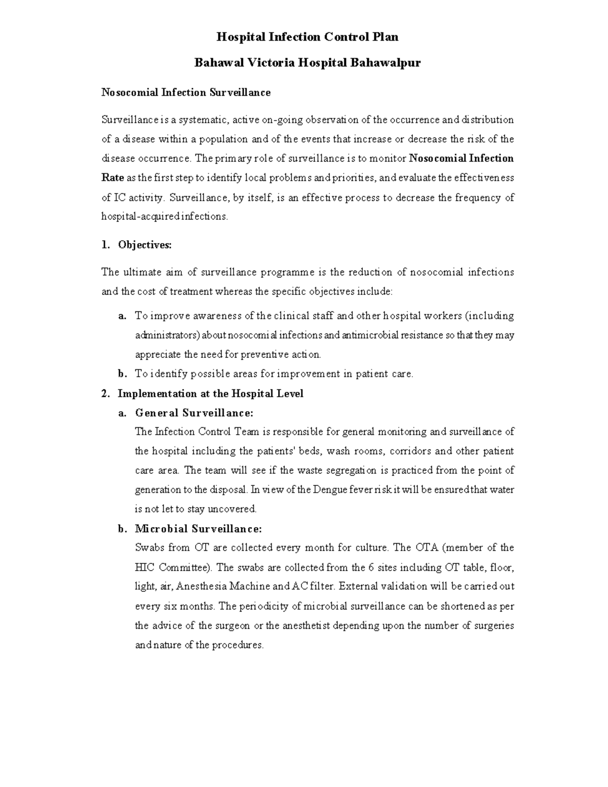 IPC Plan 2023: Nosocomial Infection Control at Bahawal Victoria ...