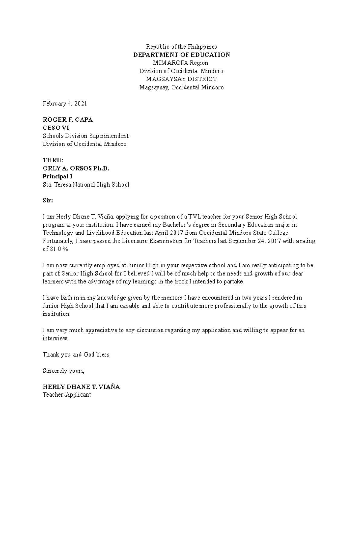 Intent Letter for Teacher Transfer Application - Herly Dhane T. Viaña ...