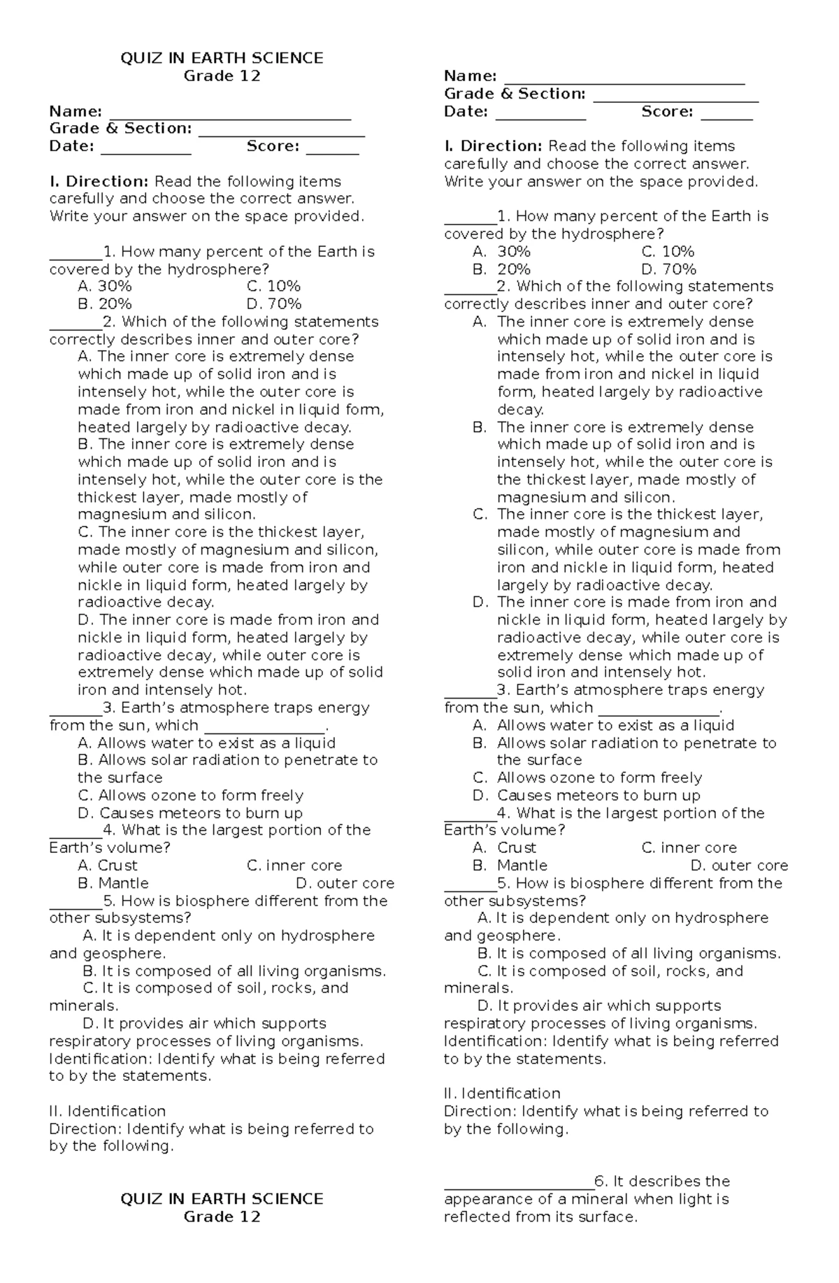 Pre-Test: Earth Science Concepts & Subsystems Analysis - Studocu